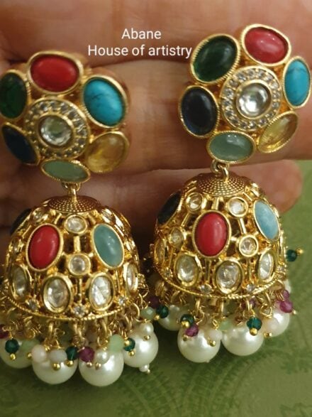 Moissanite Polki Navratan With Pearl Drops Jhumki Maharani